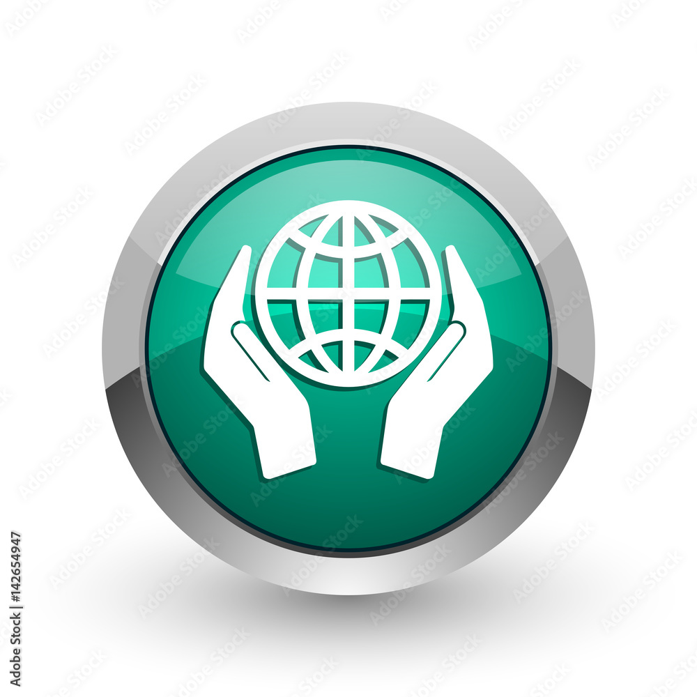 Hand protect the earth silver metallic chrome web design green round ...
