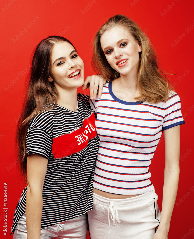two best friends teenage girls together having fun, posing emotional on ...