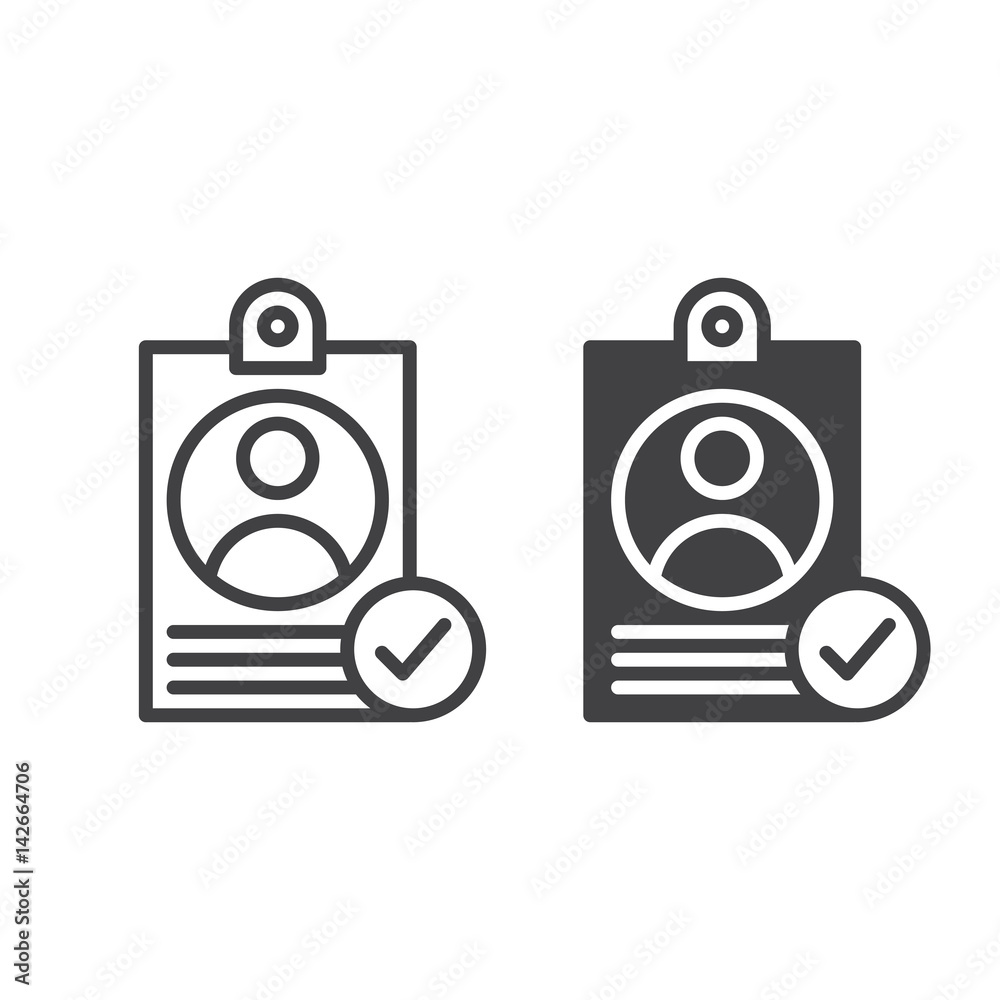 Personal badge with check mark line and solid icon, outline and filled ...