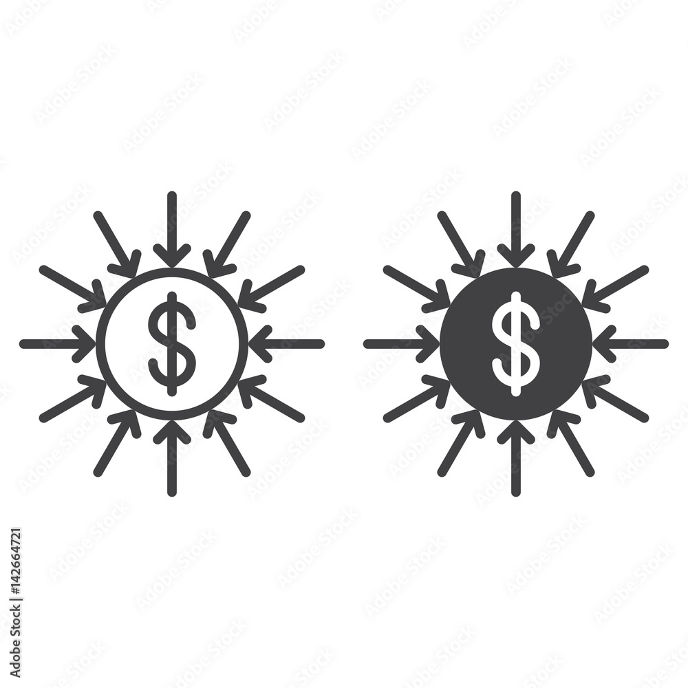 Capital inflow line and solid icon, outline and filled vector sign ...