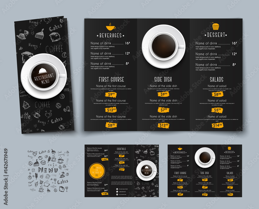 Design of a triple black menu for cafes and restaurants. Stock Vector ...