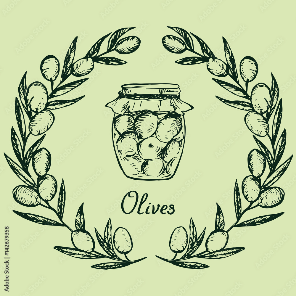 Olive branches and jar of homemade pickled olives, de woodcut style ...