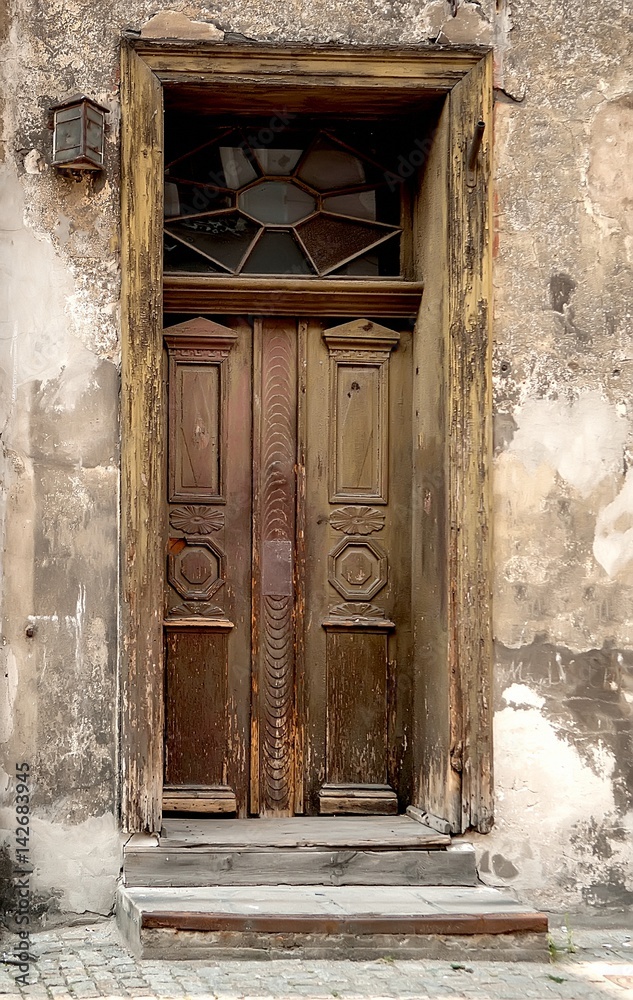 Old weathered wooden door with stairs Stock Photo | Adobe Stock