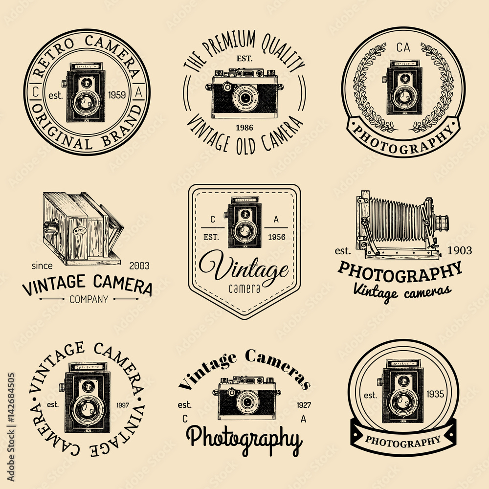 Vector set of old cameras logos. Vintage photo studio, salon signs ...