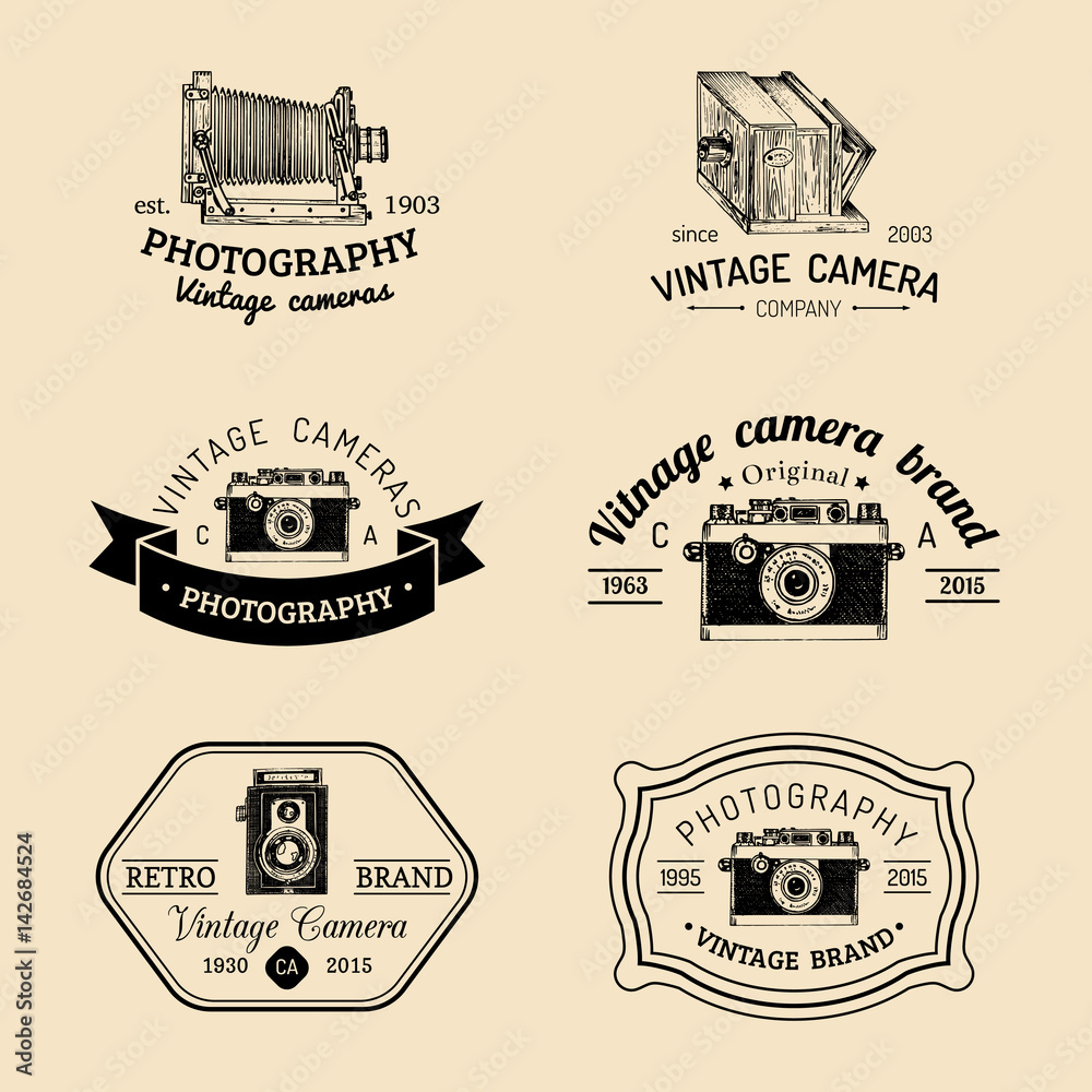 Vector set of old cameras logos. Vintage photo studio, salon signs ...