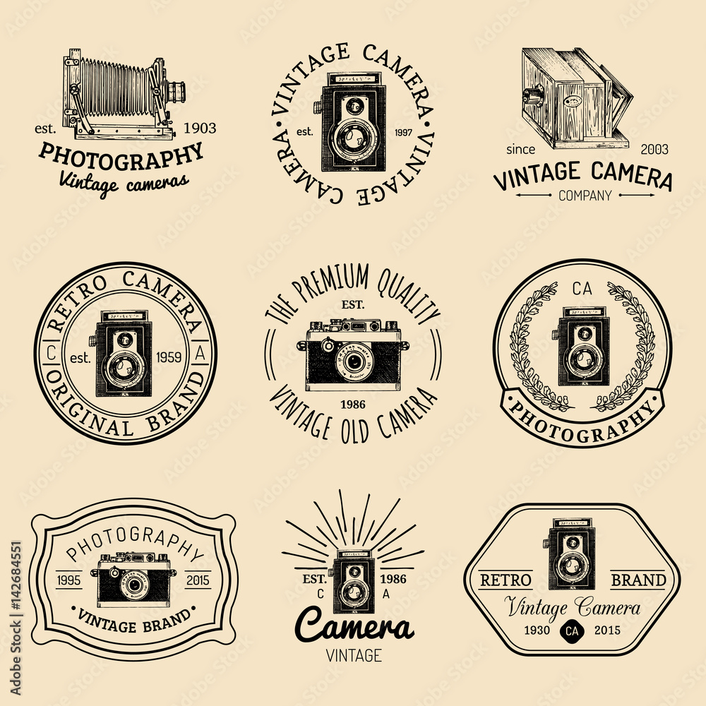 Vector set of old cameras logos. Vintage photo studio, salon signs ...
