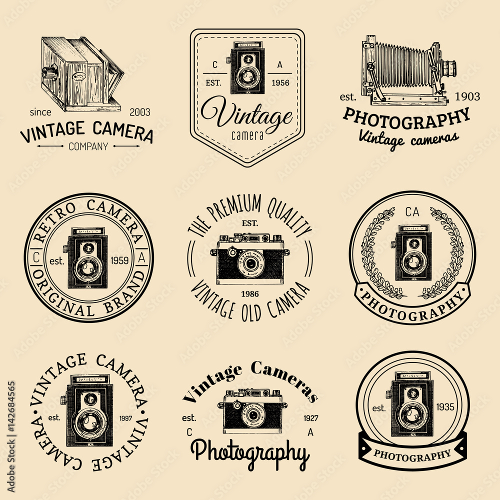 Vector set of old cameras logos. Vintage photo studio, salon signs ...