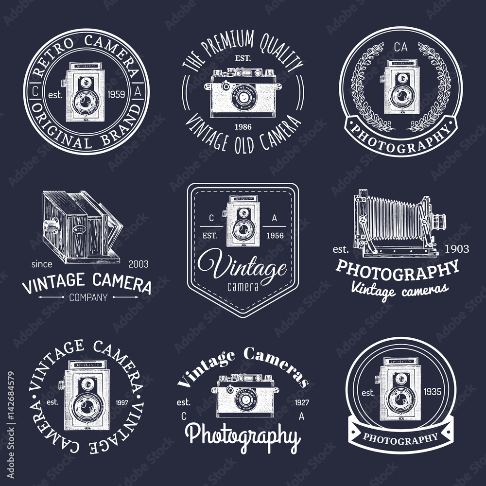 Vector set of old cameras logos. Vintage photo studio, salon signs ...