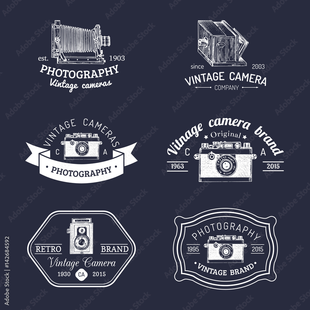 Vector set of old cameras logos. Vintage photo studio, salon signs ...