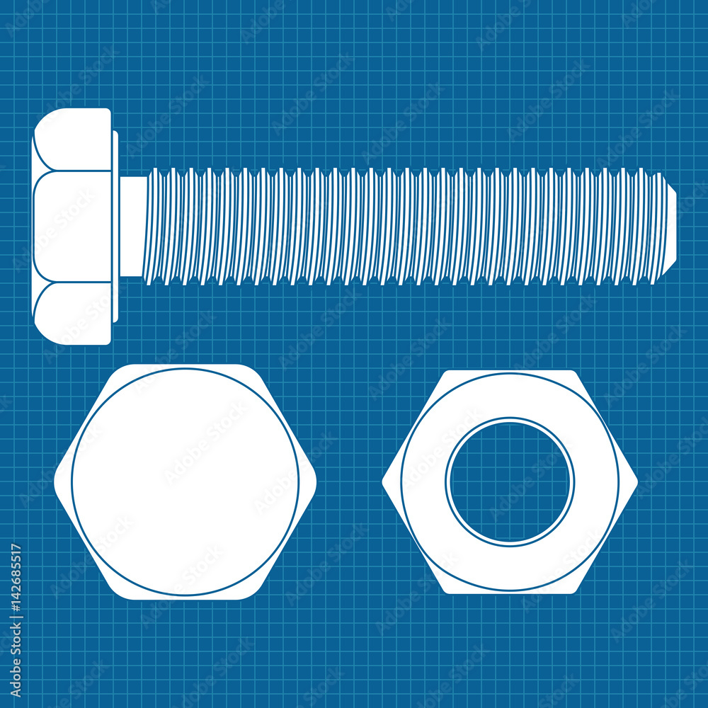 Bolt screw icon. White outline drawing on blueprint background Stock ...
