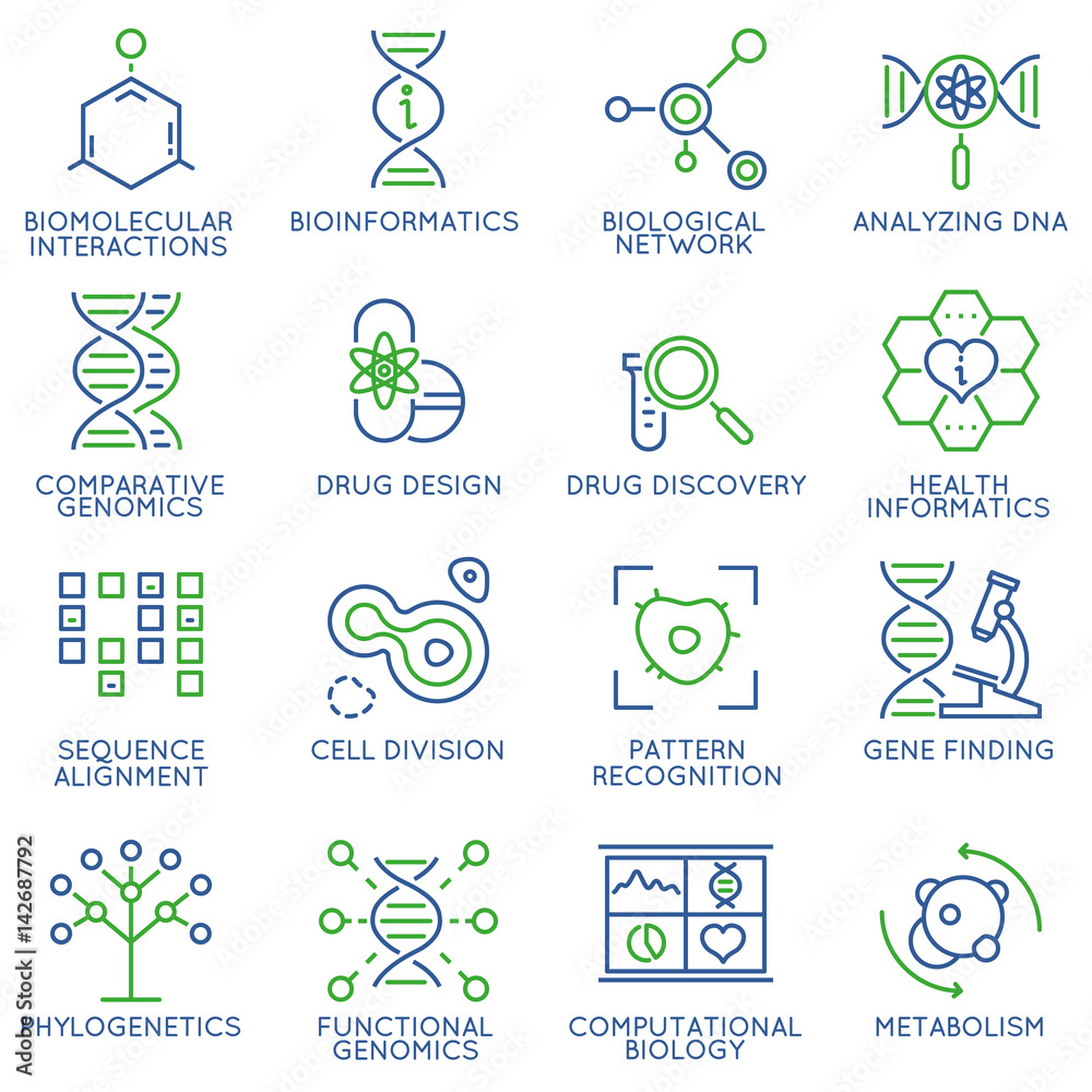 Vector set of 16 linear thin icons related to bioinformatics and bioengineering. Mono line ...