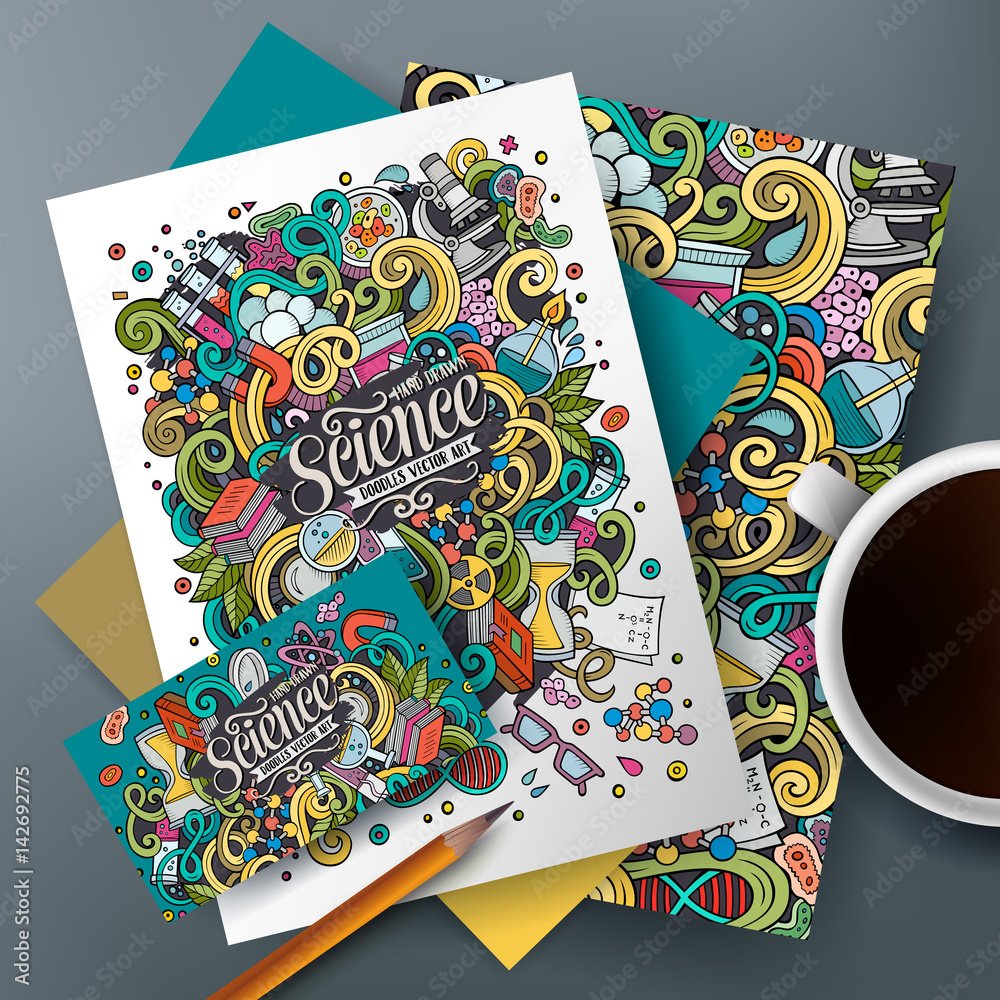 Cartoon cute vector hand drawn doodles Science corporate identity set ...