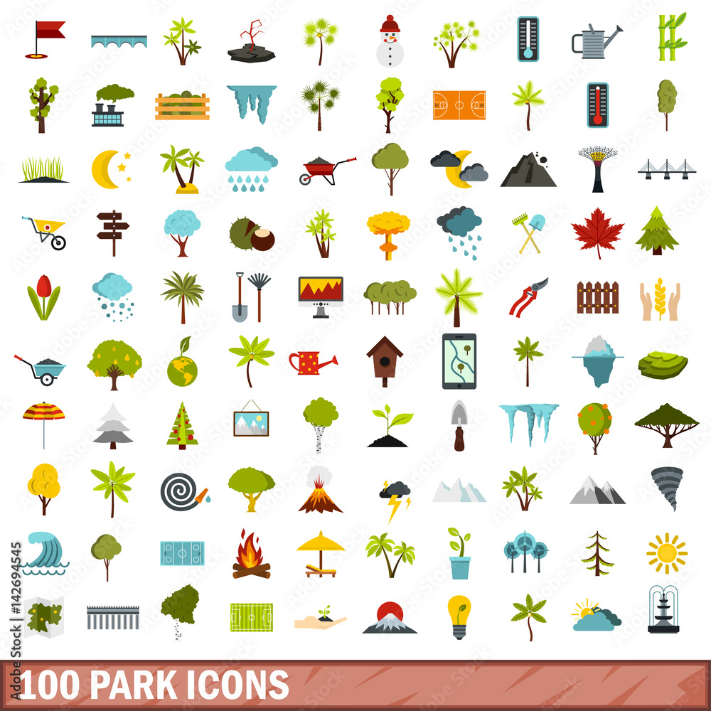 100 park icons set, flat style Stock Vector | Adobe Stock