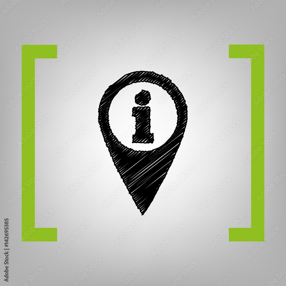 Map pointer with information sign. Vector. Black scribble icon in ...