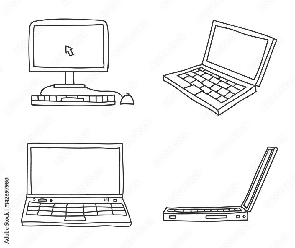 thin line hand drawn laptop and desktop computer art vector icon set ...
