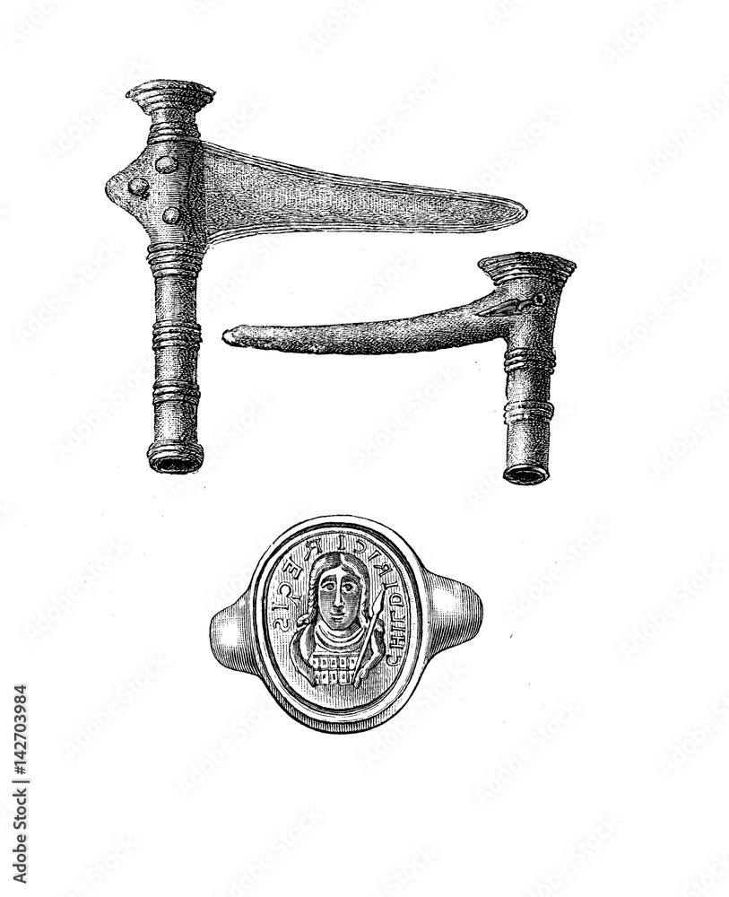 Vintage engraving representing staff handles and golden signet ring of ...