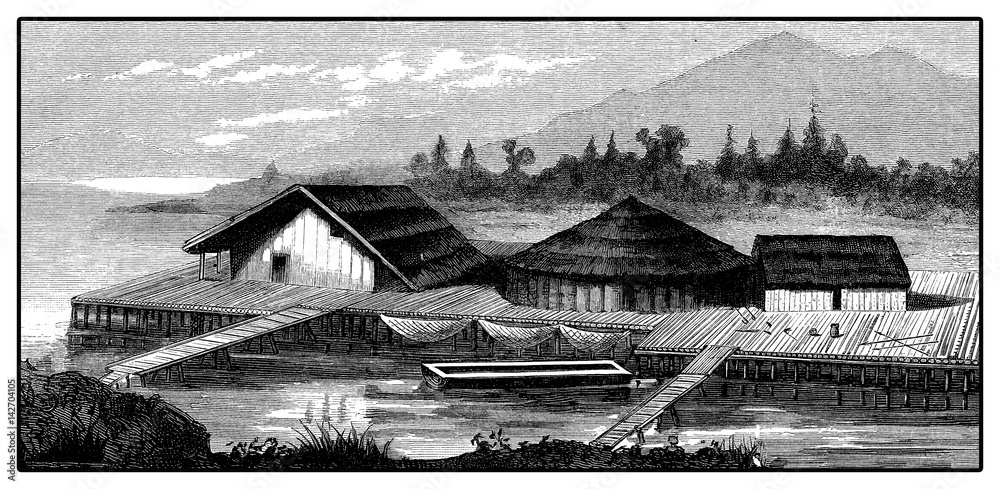 Reconstruction of a village of lake dwellings of Neolithic Age in ...