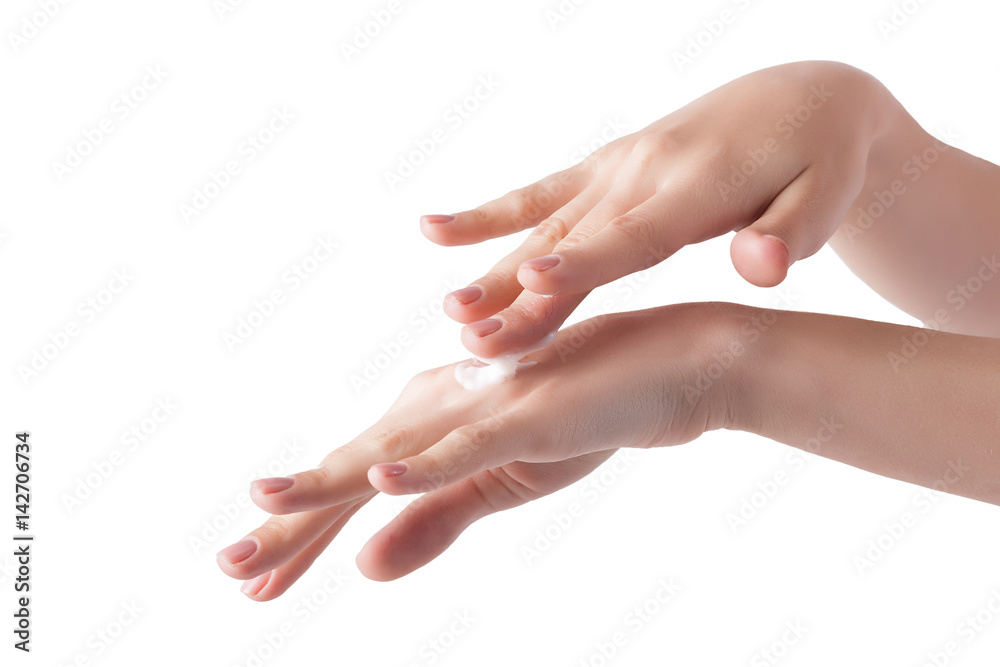 Perfect soft hands on isolated background with the drop of moisturizing ...