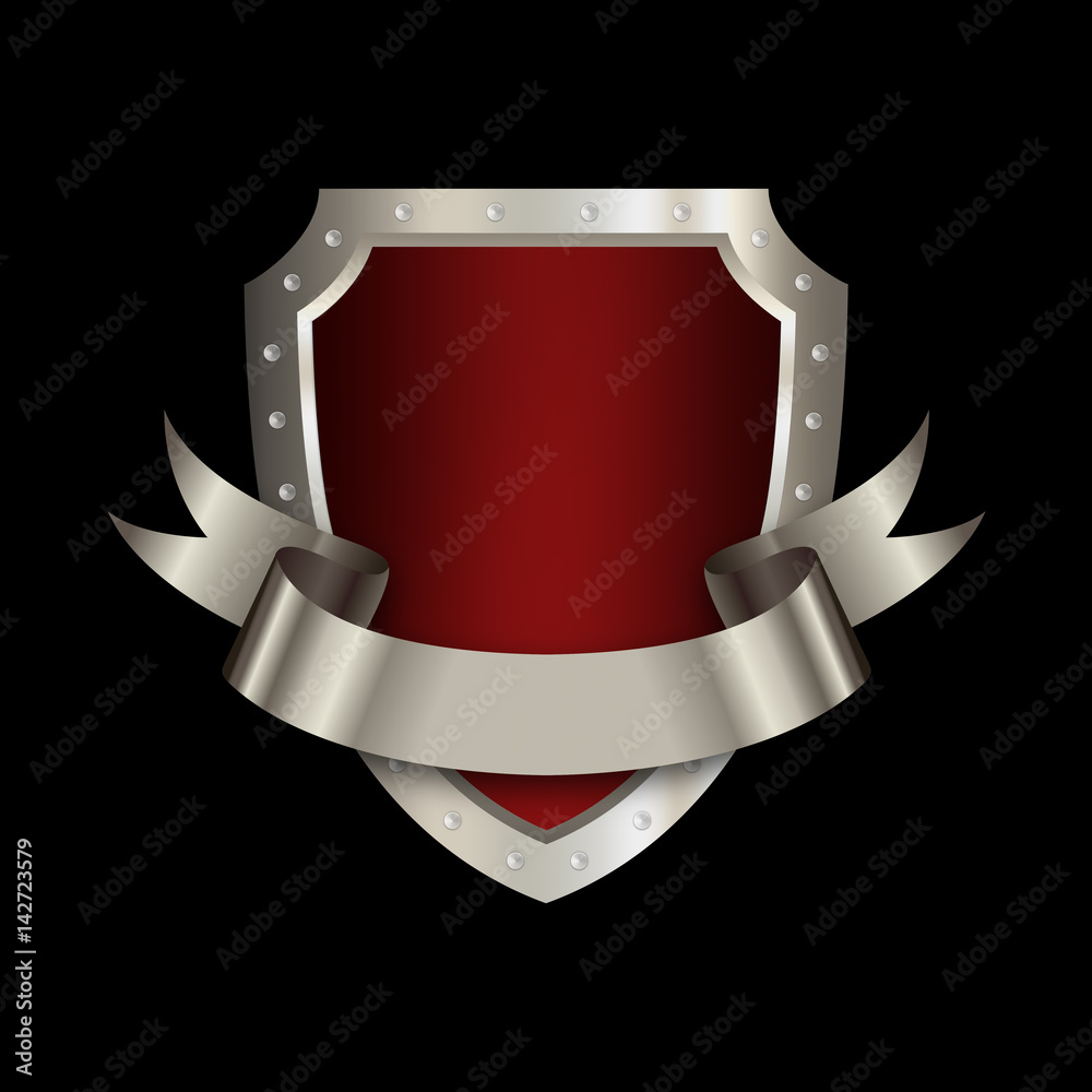 Red shield with chrome riveted border and silver ribbon. Stock Photo ...