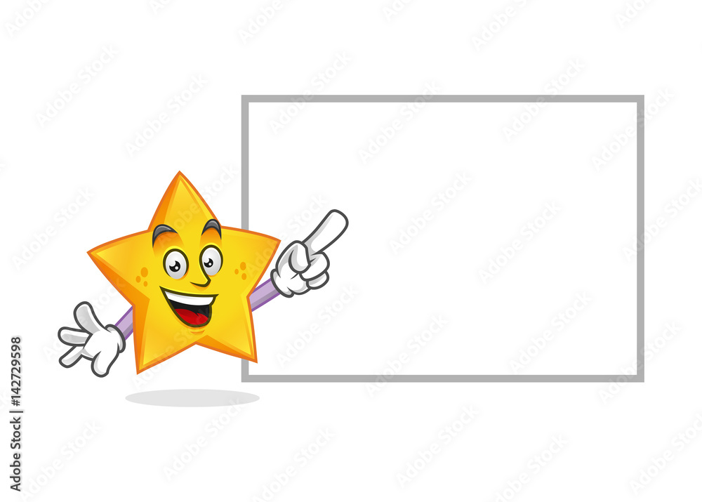 star mascot pointing to a blank sign, star character, star cartoon ...