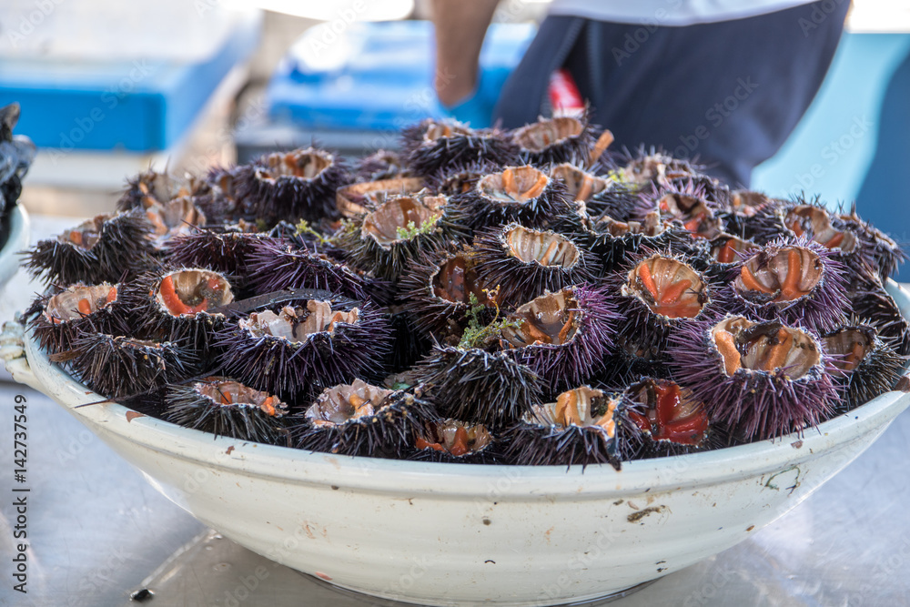 Foto de Seeigel in Schale auf Fischmarkt in Italien do Stock | Adobe Stock