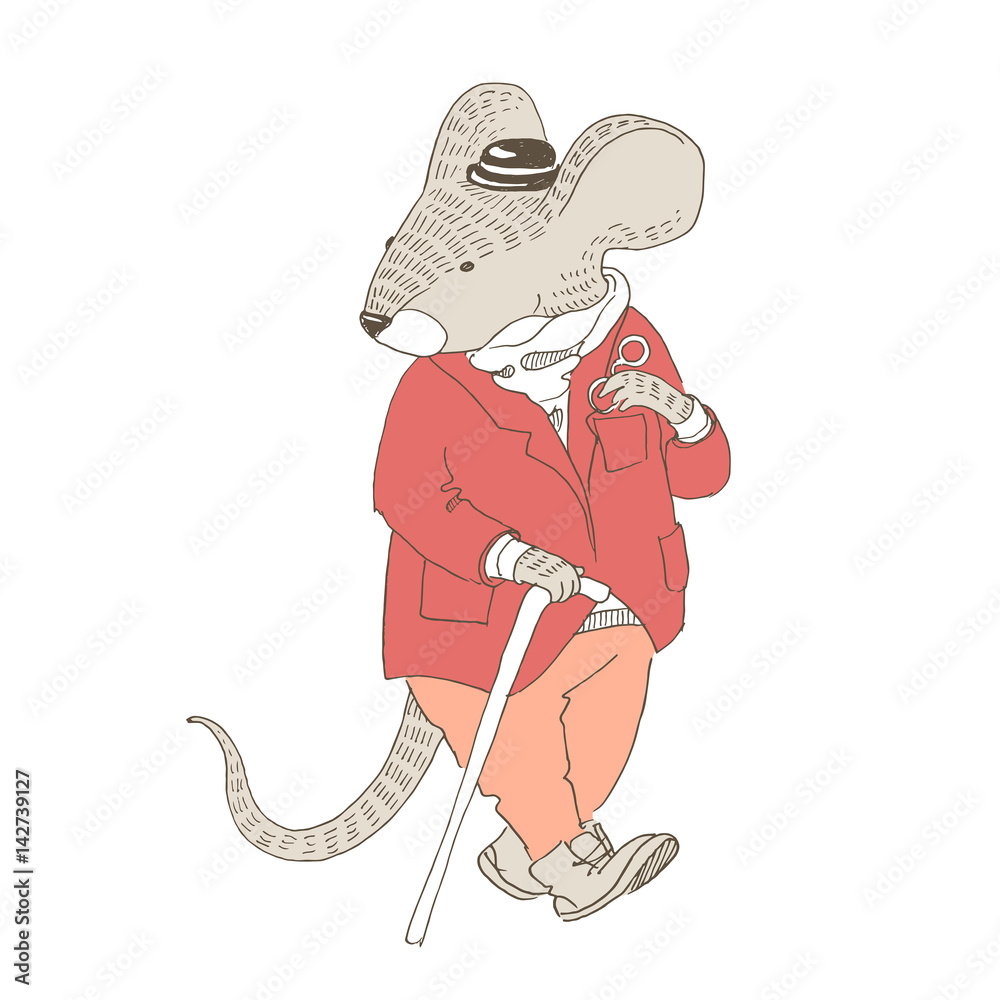 Vector illustration. Cute animal like humans. Humanized animal. Mouse ...