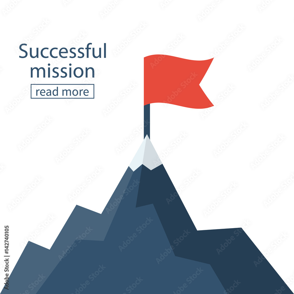 Red flag on mountain peak. Successfull mission icon business concept ...
