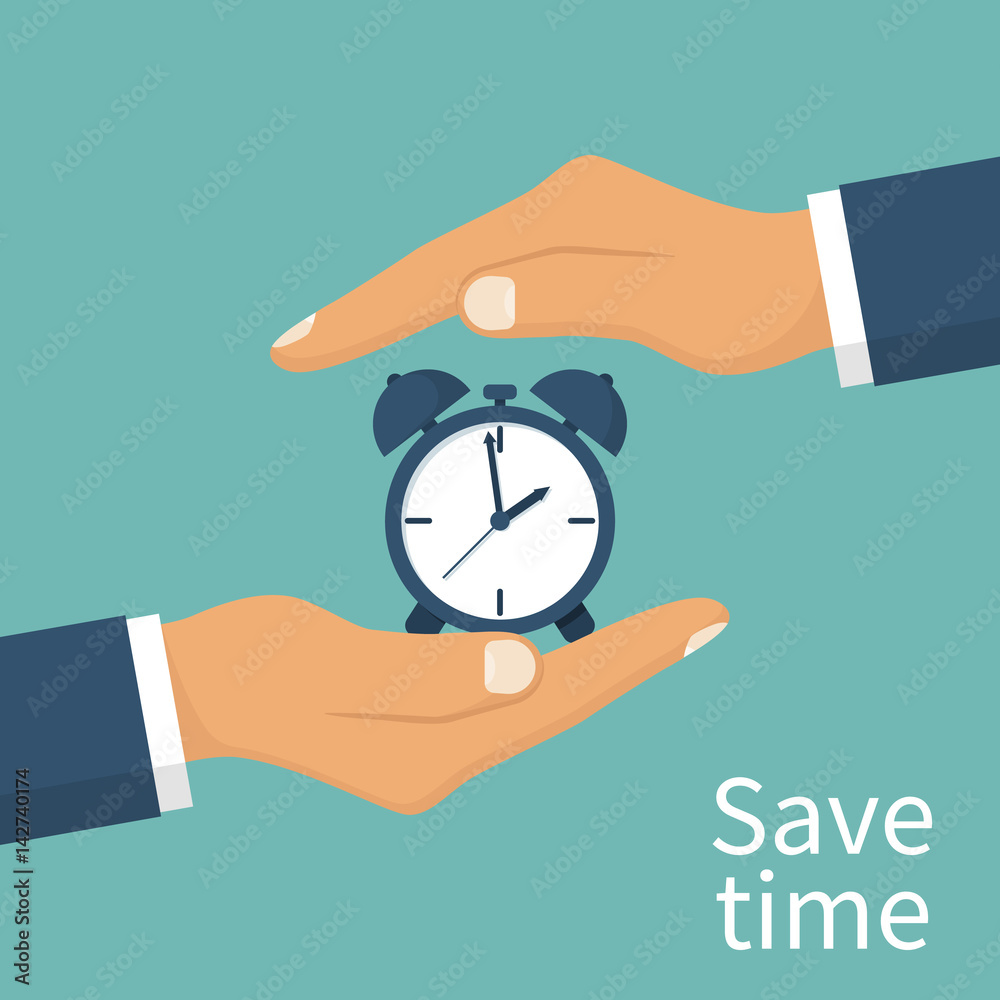 Save time concept. Businessman in hands is holding a watch, alarm clock ...