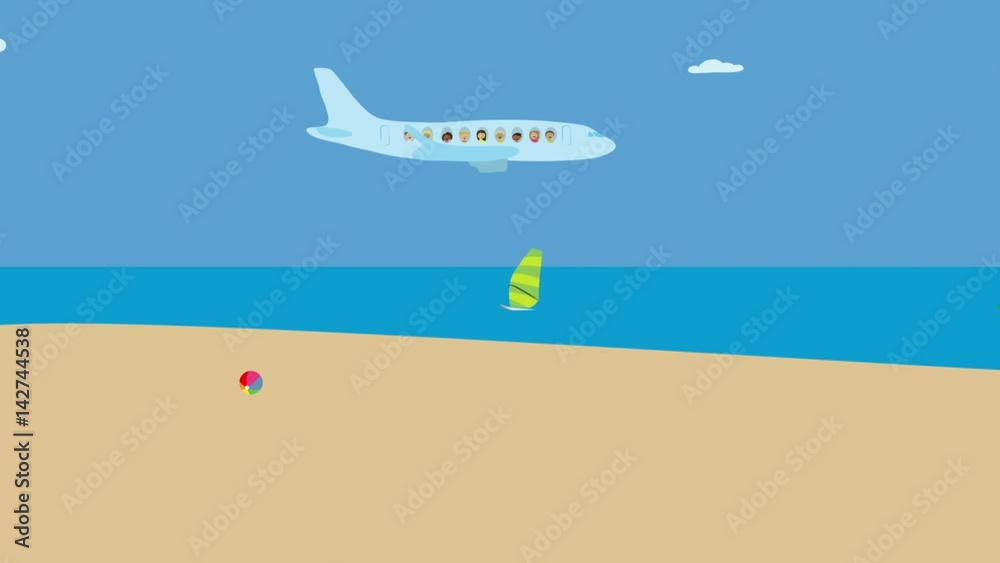 Passenger airplane flying over ocean beach. Animated character with ...