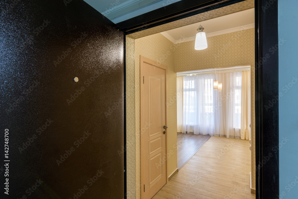 Renovated apartment in new building, view from the open front door ...