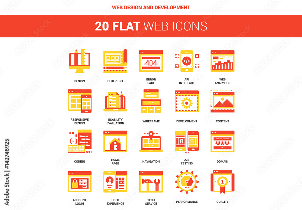 20 Red and Yellow Web Design and Development Icons Stock Template ...