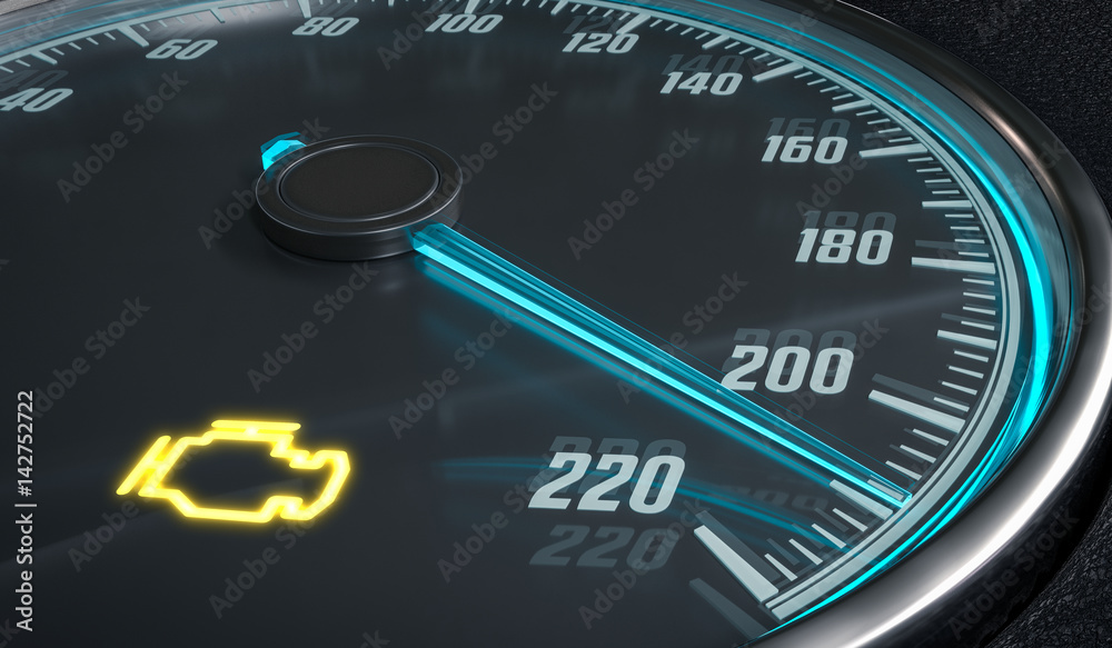Engine malfunction warning light control in car dashboard. 3D rendered ...