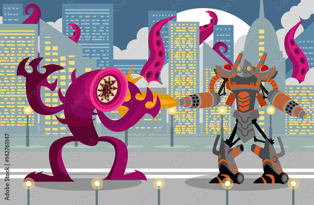 Giant Monster Fighting In City