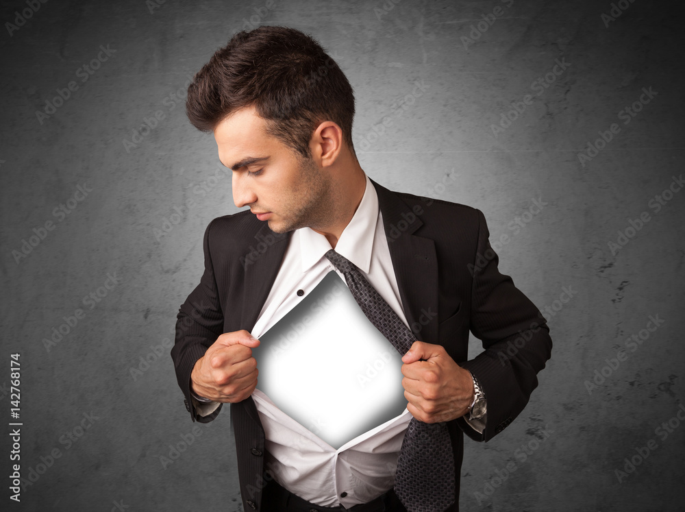 Businessman tearing off his shirt with white copyspace on chest Stock ...