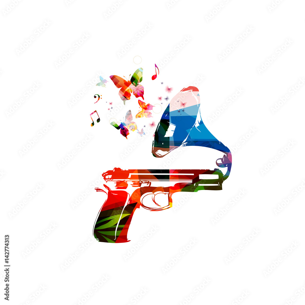 Colorful pistol with gramophone isolated vector illustration. Music ...