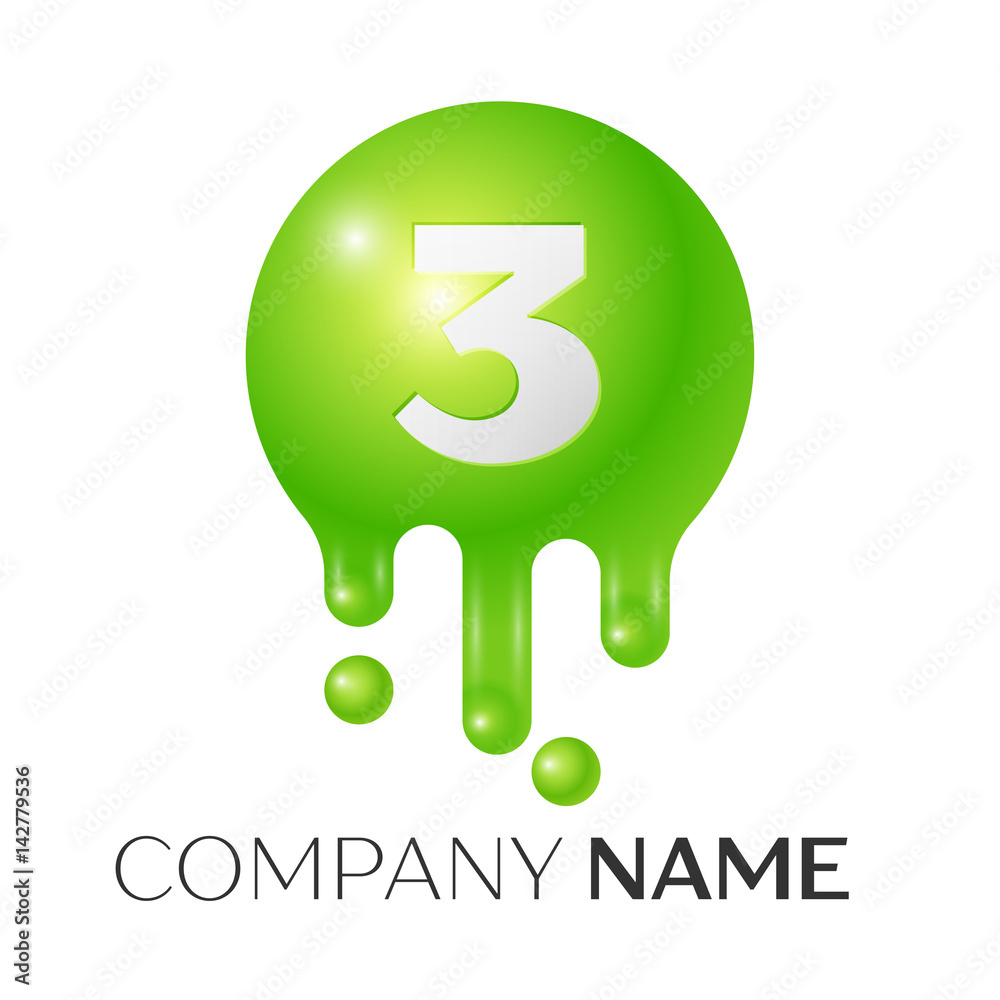 Number three splash logo. Green dots and bubbles number design on grey ...