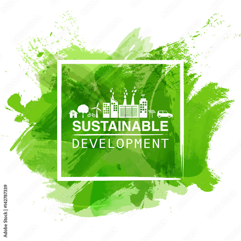 Sustainable development logo with green watercolor paint background ...