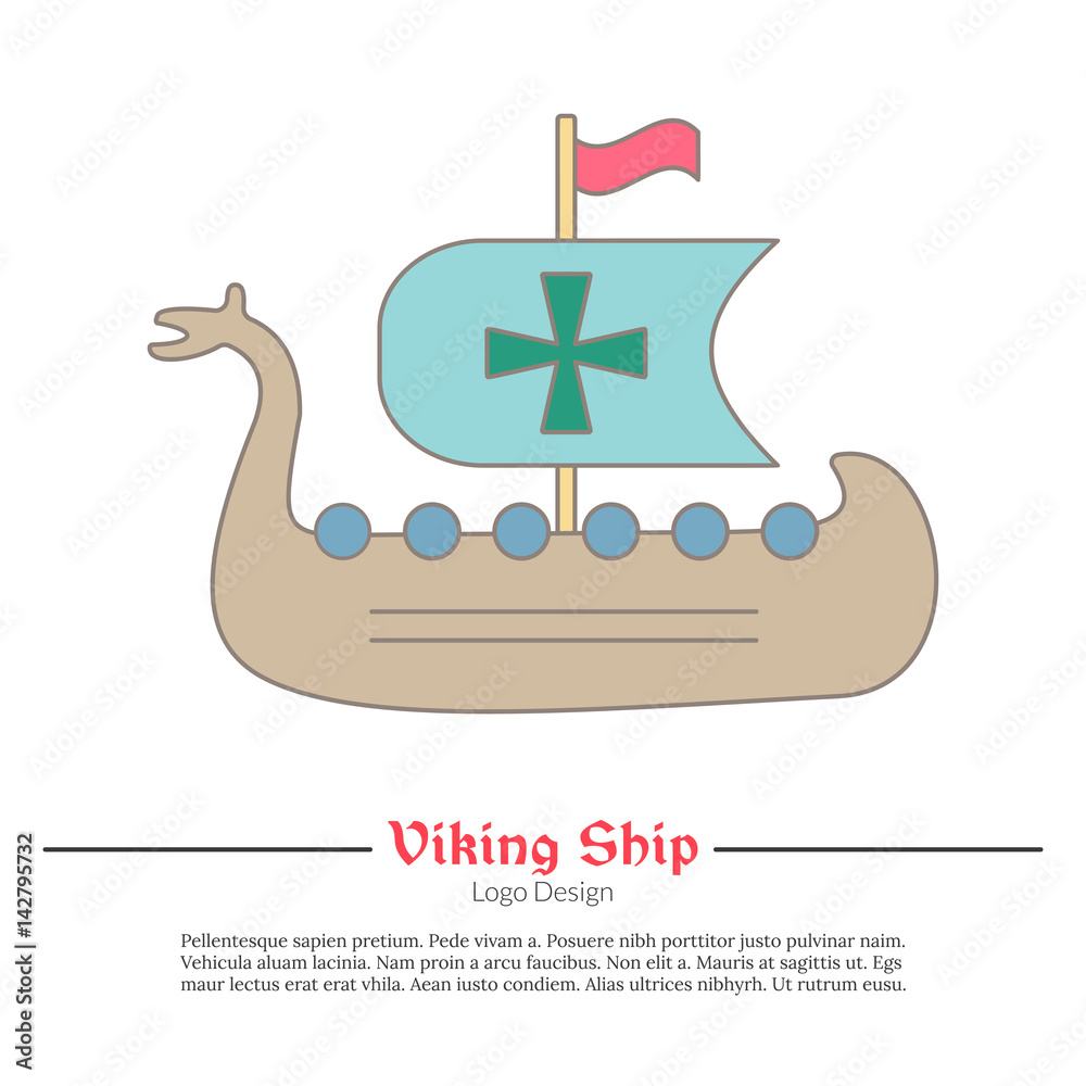 Medieval Viking ship, boat. Single logo, modern flat and thin line ...