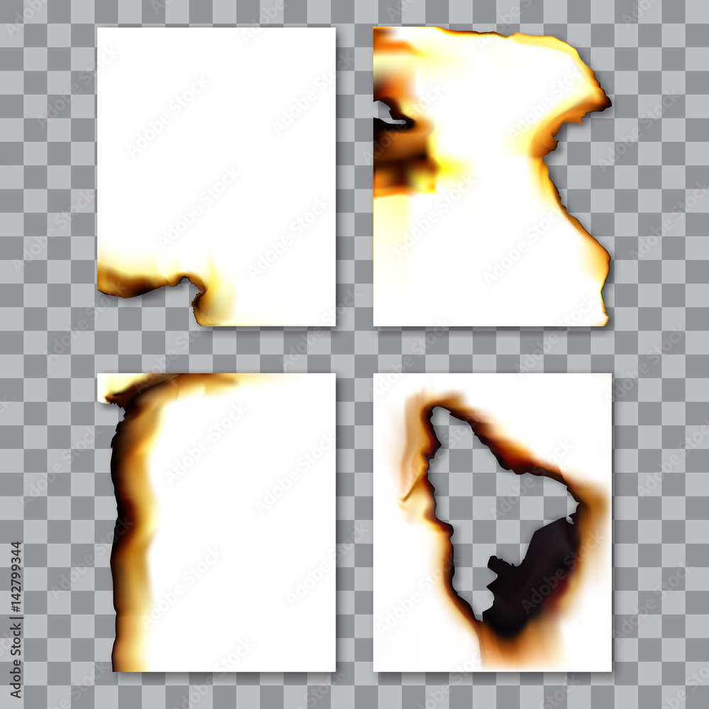 Set of burnt sheets of paper with ash. Damage edge and destroyed sheet ...