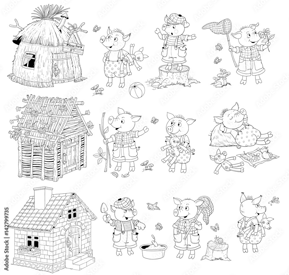 Three little pigs. Fairy tale. Illustration for children. Coloring page ...