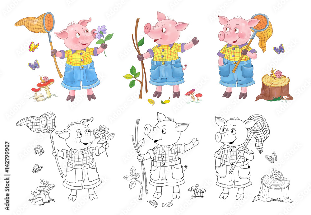 Three little pigs. Fairy tale. Illustration for children. Coloring page ...