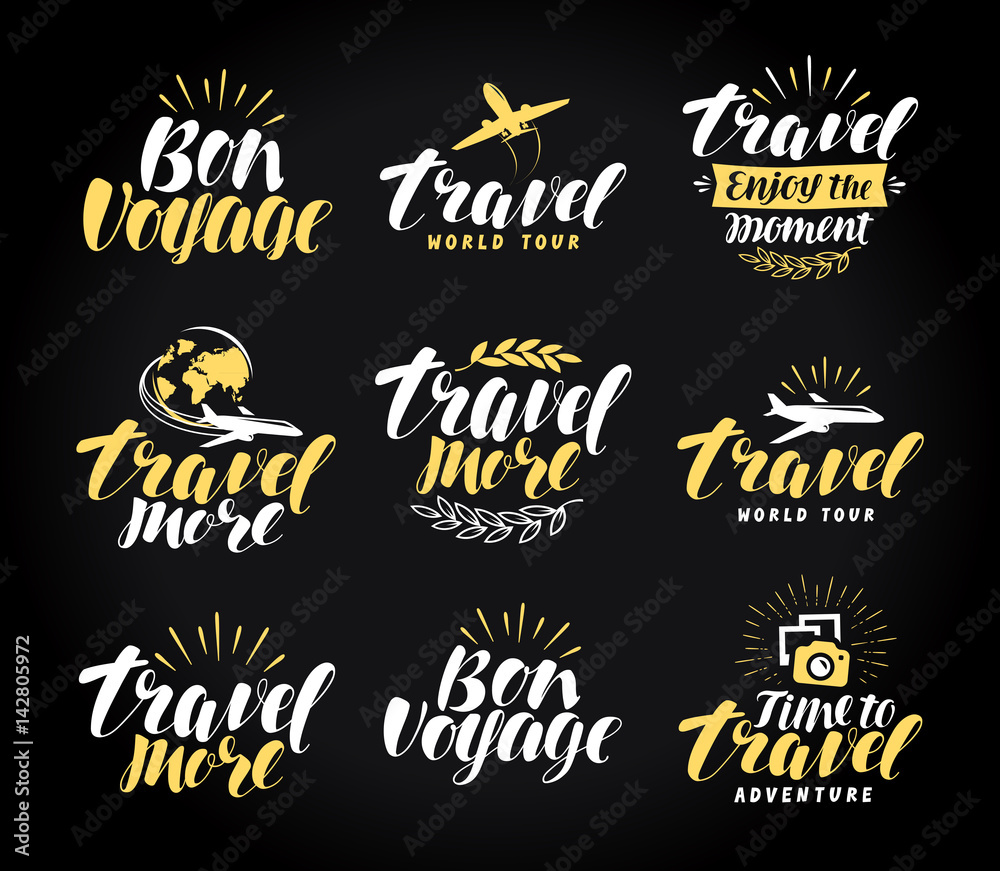 Journey, label set. Travel symbol or icon. Handwritten lettering vector ...