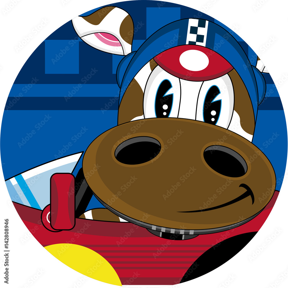 Cartoon Cow Racing Car Driver Stock Vector | Adobe Stock