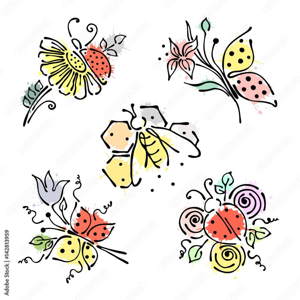 Set of vector illustrations of insect. Ladybug, butterfly, bee, apis ...