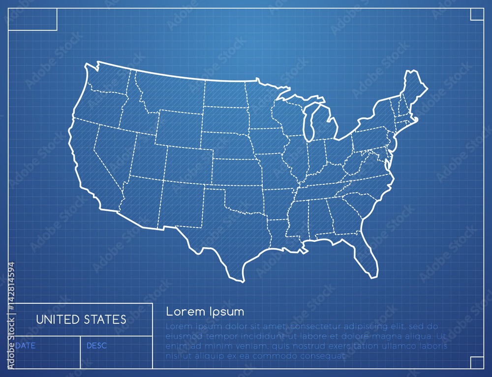 Blueprint drawing with map of United States vector illustration Stock ...