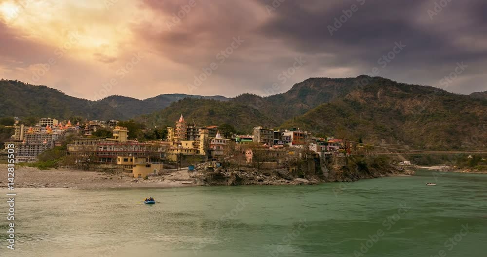 Dusk time lapse at Rishikesh, holy town and travel destination in India ...