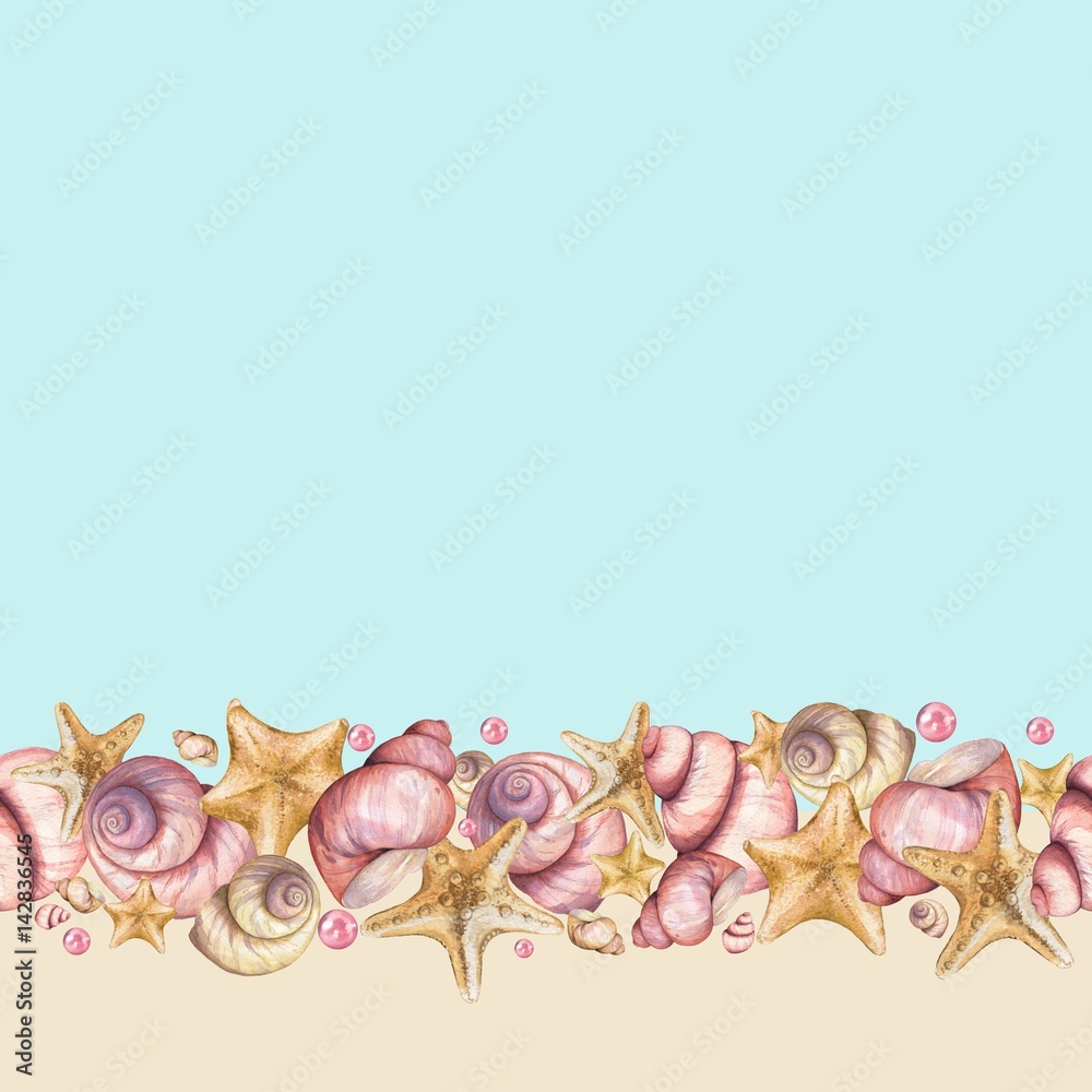 Seamless background of seashells. Border. Watercolor illustration, hand ...
