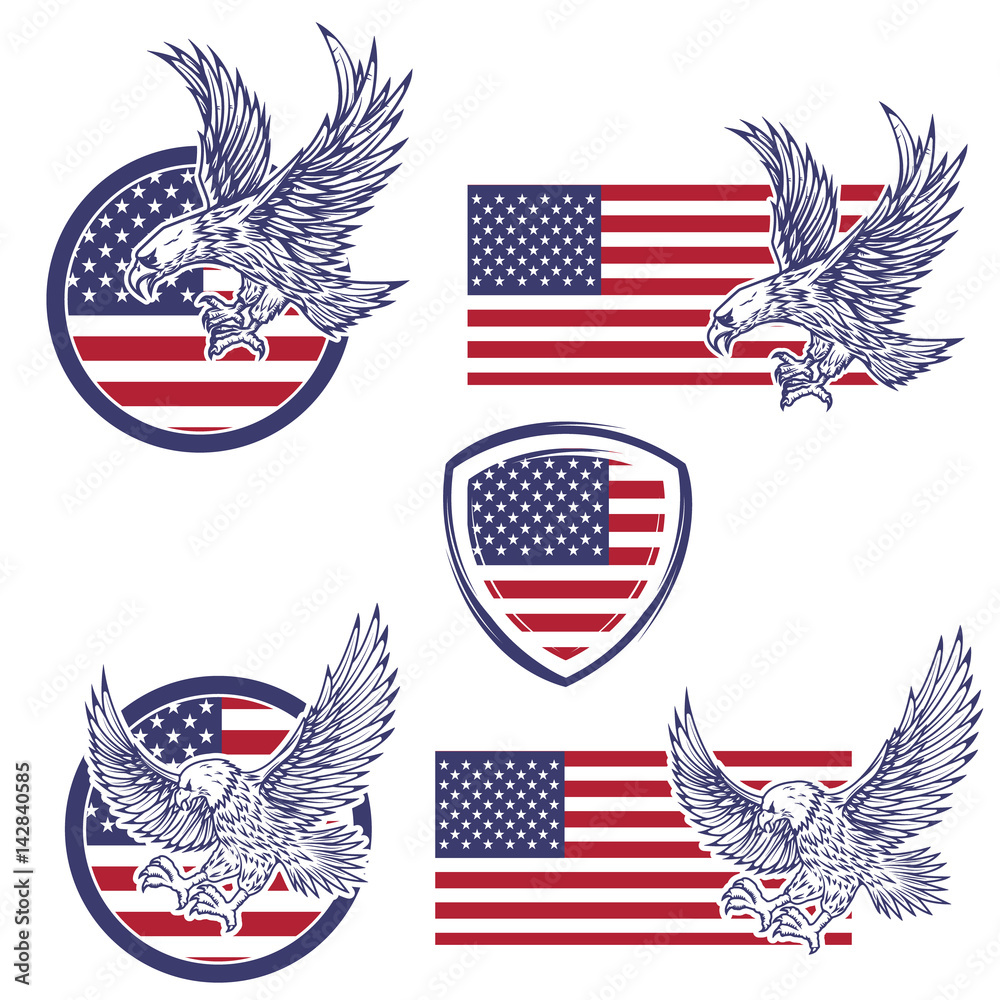 Set of the emblems with eagles on usa flag background. Design elements ...
