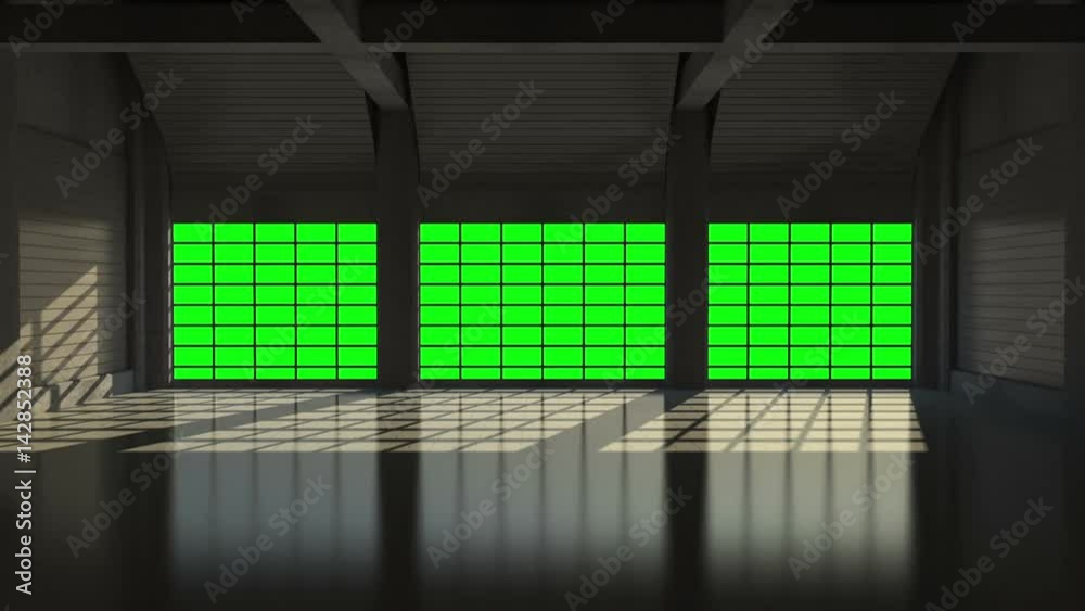 4K Animation of Opening Metal Blinds in Modern Hangar with Big Windows ...