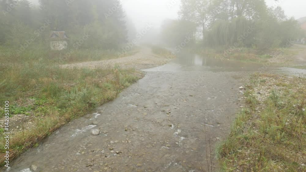 Dull Rural Landscape Abandoned House by Brook Cloudy Foggy Day Humid ...